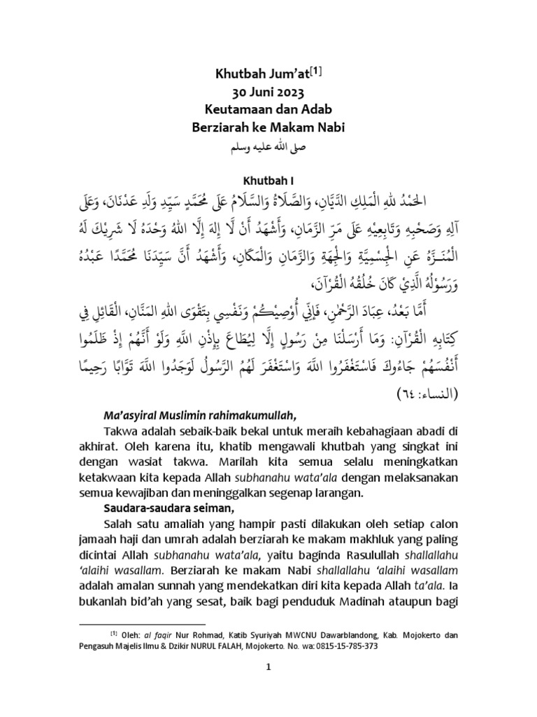 Khutbah Jumat Keutamaan Dan Adab Ziarah Makam Nabi | PDF