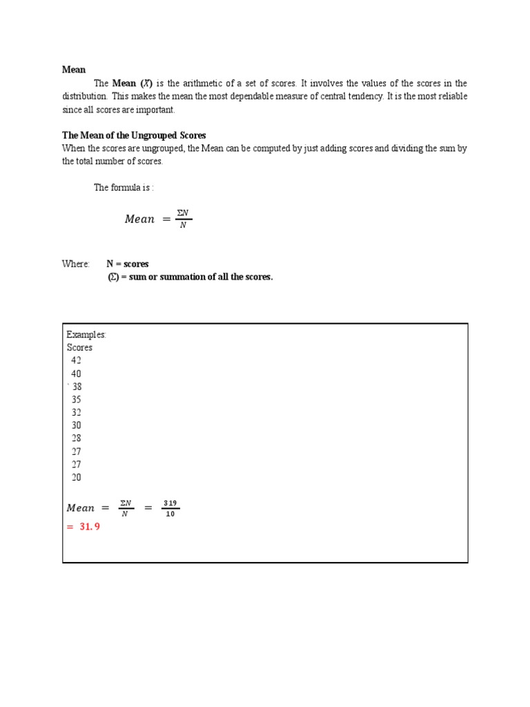 Mean, Median & Mode | PDF | Mean | Summation