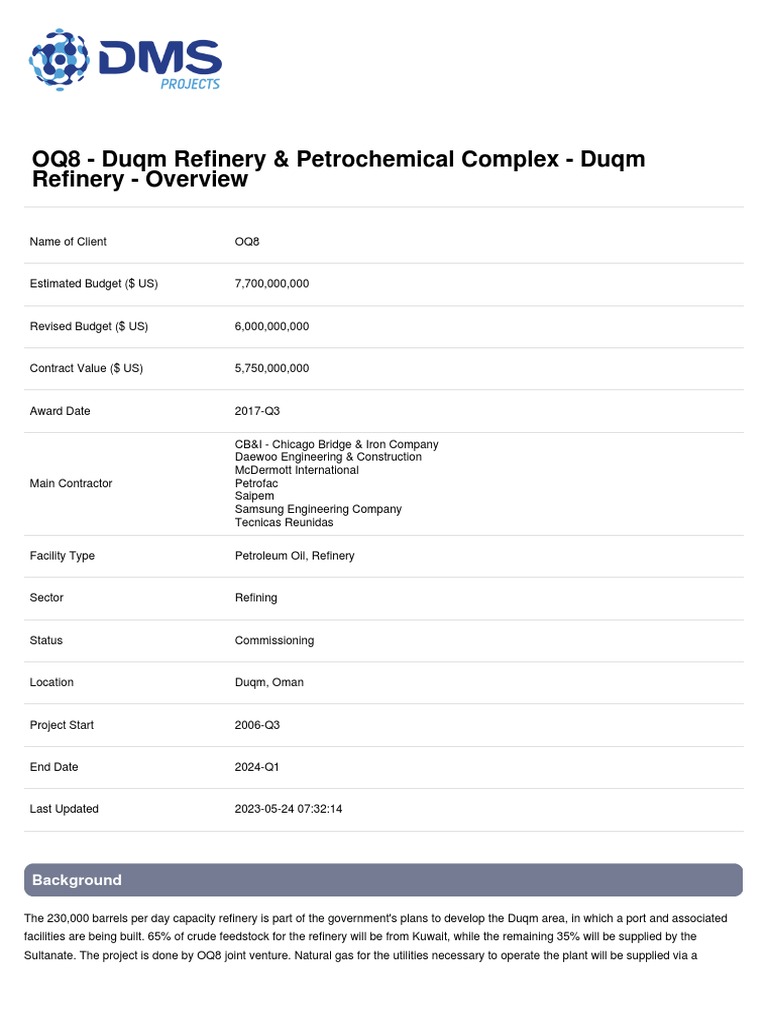 OQ8 Duqm Refinery Project Overview | PDF | Technology & Engineering