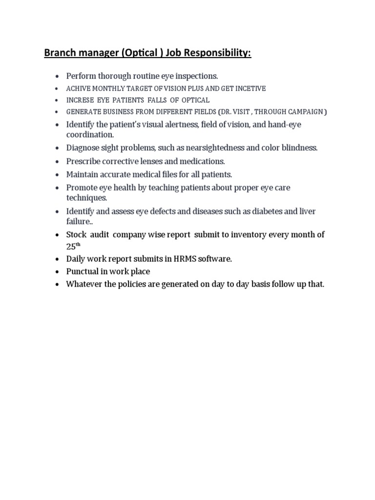 Optometrist Job Responsibility | PDF