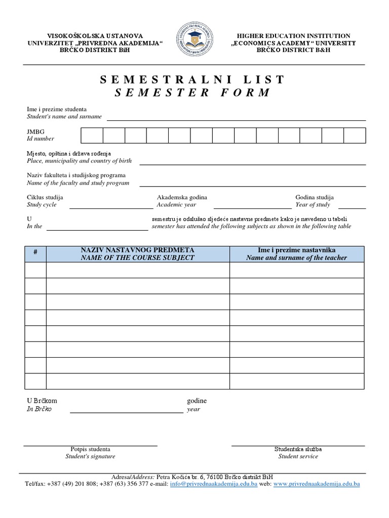 Semestralni List - UPA - Obrazac v.3.1. | PDF