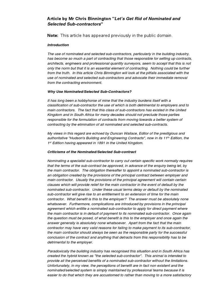 Lets Get Rid of Nominated and Selected Subcontractors - Chris Binnington | PDF | Employment ...