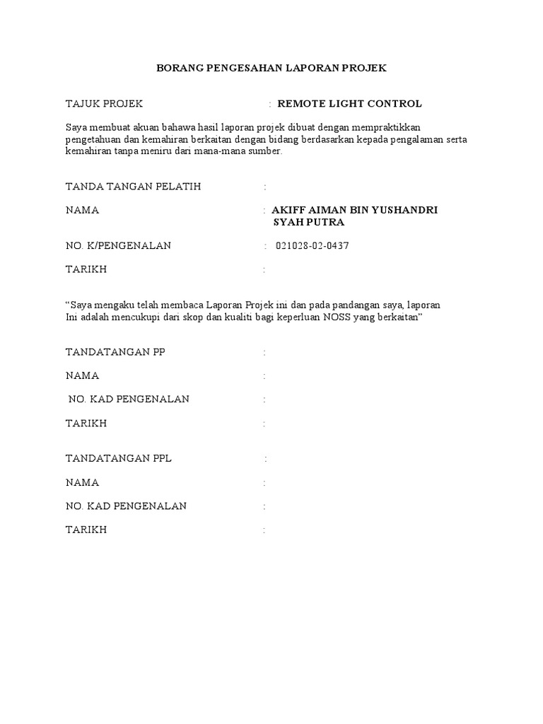 Borang Pengesahan Laporan Projek RLC | PDF