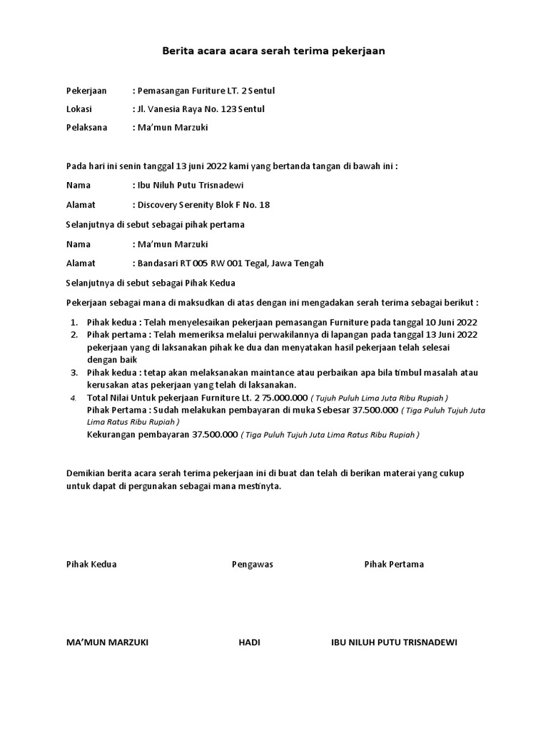 Berita Acara Acara Serah Terima Pekerjaan | PDF
