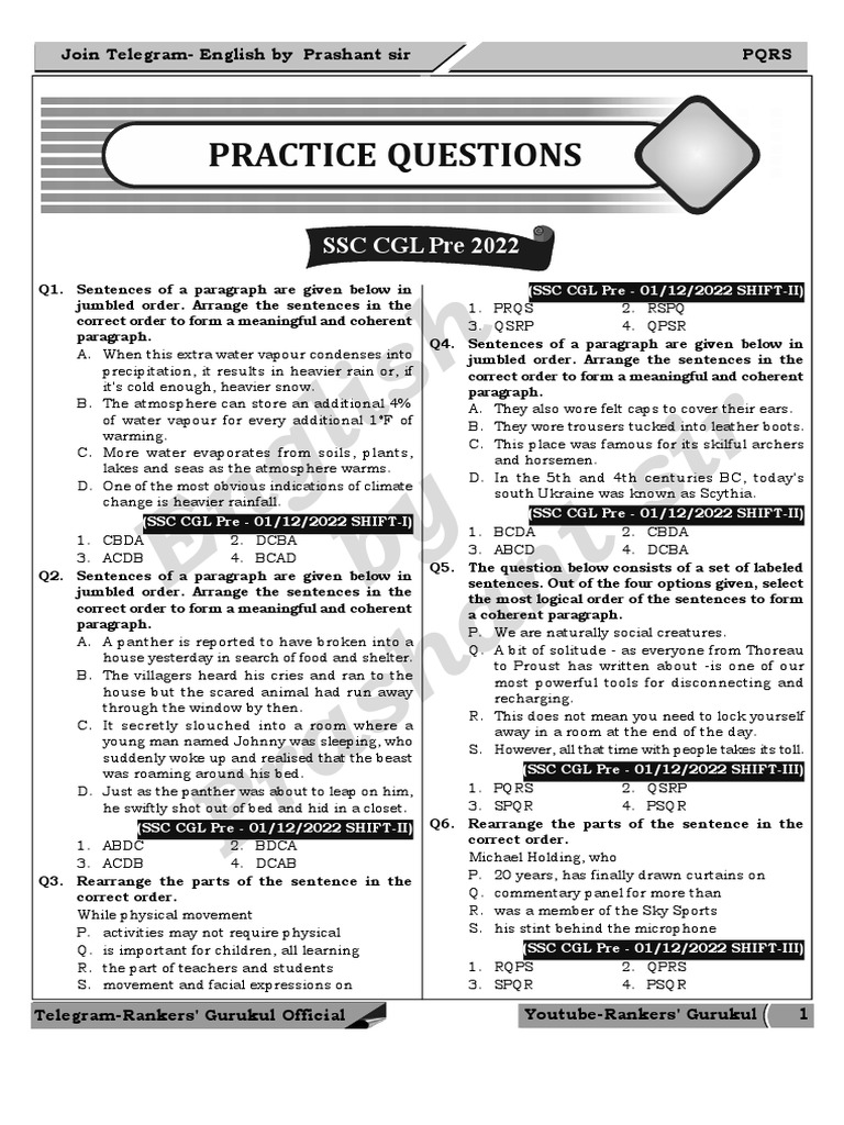 Sentence Rearrangement Practice for SSC | PDF