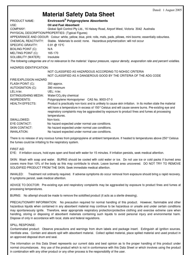 Envirosorb MSDS | PDF | Burn | Hypothermia