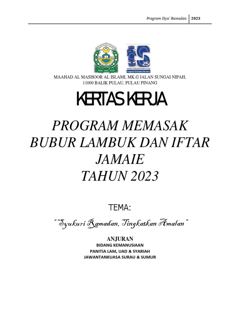 Kertas Kerja Bubur Lambuk Dan Iftar Jamaie 2023 | PDF