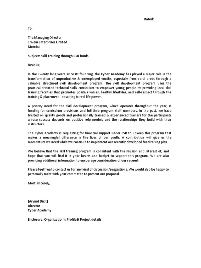 Csr Project Letter Pdf Employment Learning