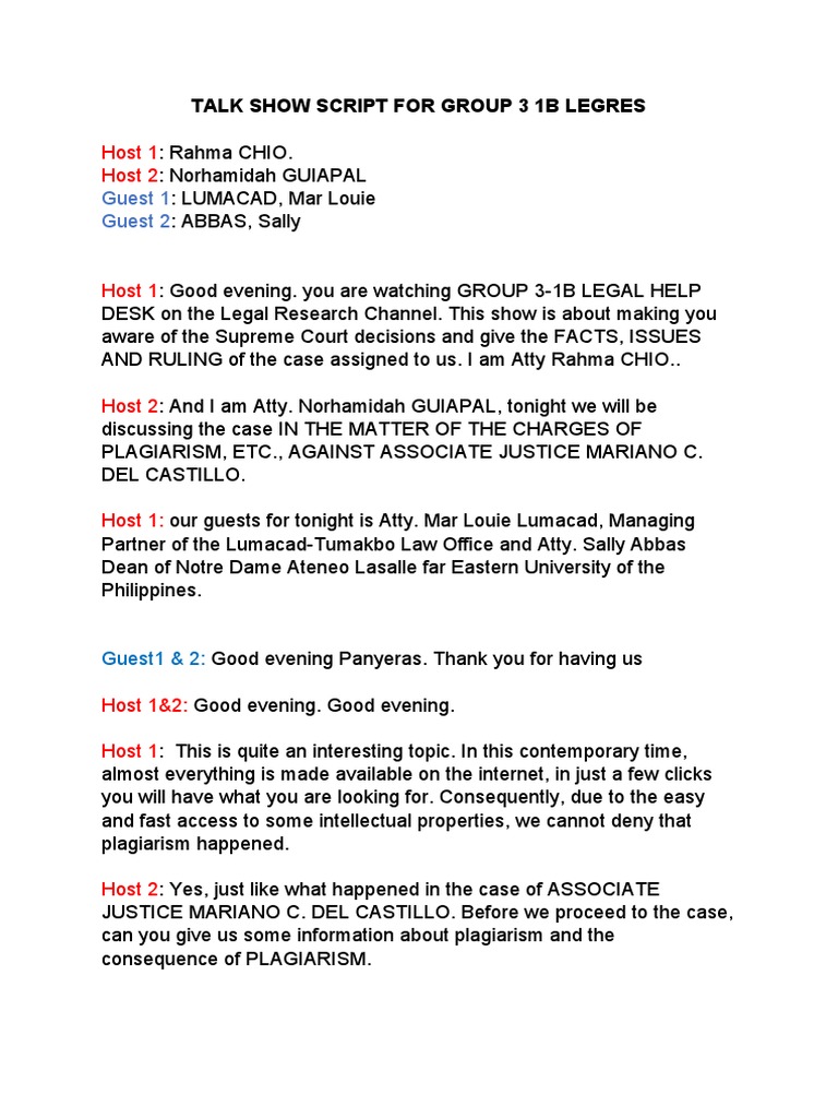 Talk Show Script For Group 3 1B Legres | PDF | Plagiarism | Justice