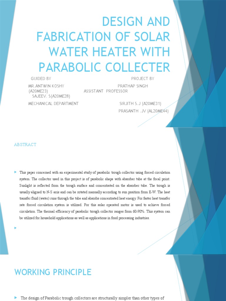 Design and Fabrication of Solar Water Heater With Parabolic Collector | PDF