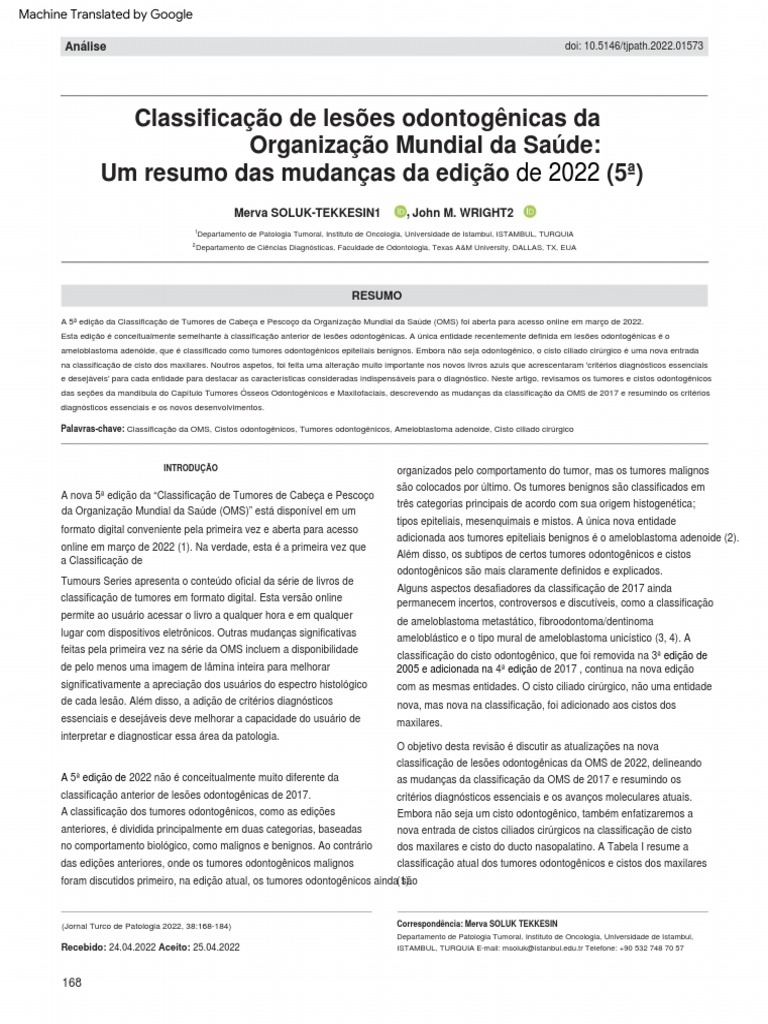Traduzido Tekkesin (2022) - The WHO Classification of Odontogenic ...