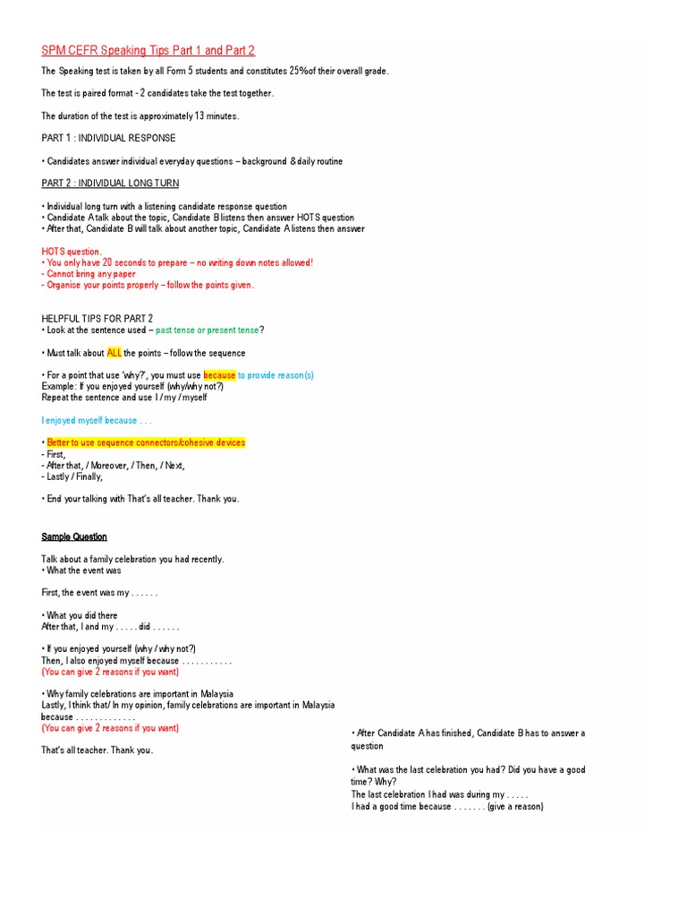 SPM CEFR Speaking Tips Part 1 and Part 2 | PDF | Linguistics