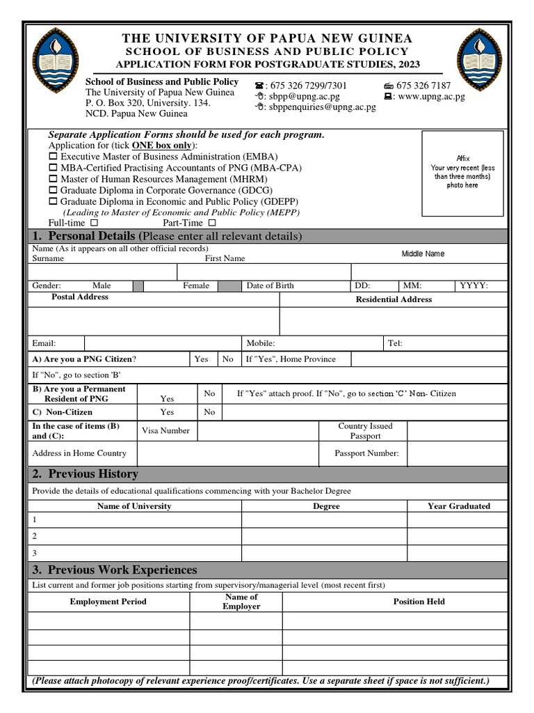 UPNG Postgraduate Application Form | PDF
