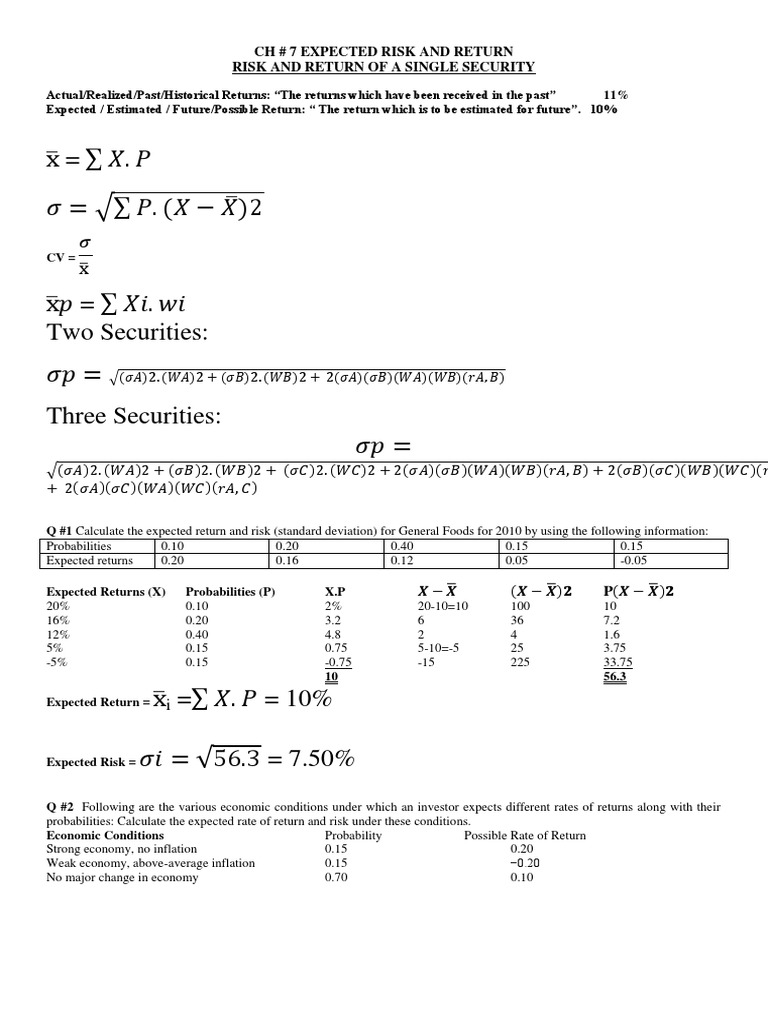 Ch 7 Expected Return And Risk Numerical Practice Pdf 1456