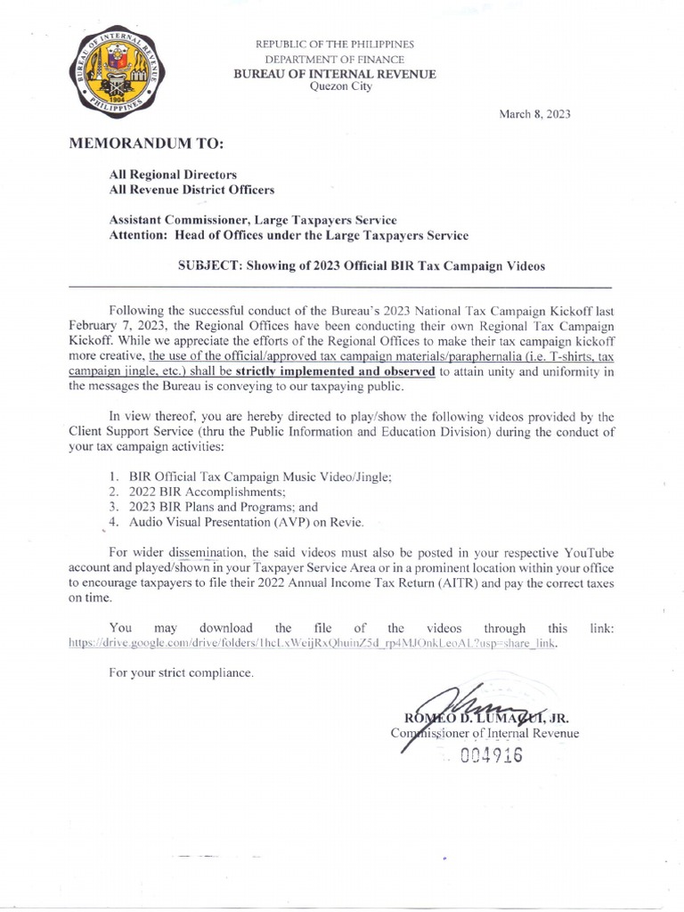 Memorandum - Showing of 2023 Official BIR Tax Campaign Video | PDF