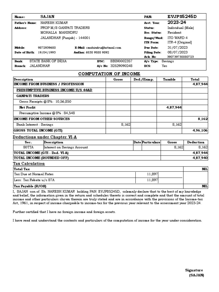 Coi Ay23-24 | Download Free PDF | Income Tax | Taxes
