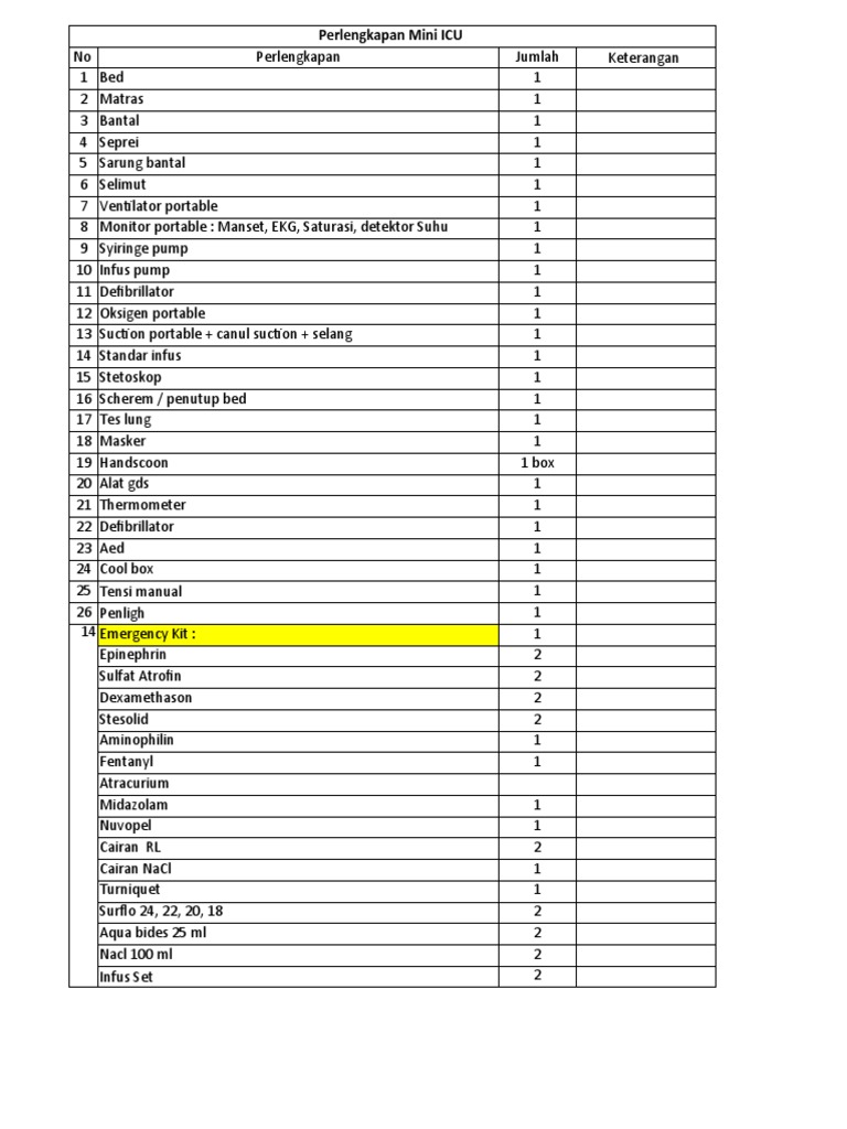 Perlengkapan Mini Icu Exel | PDF