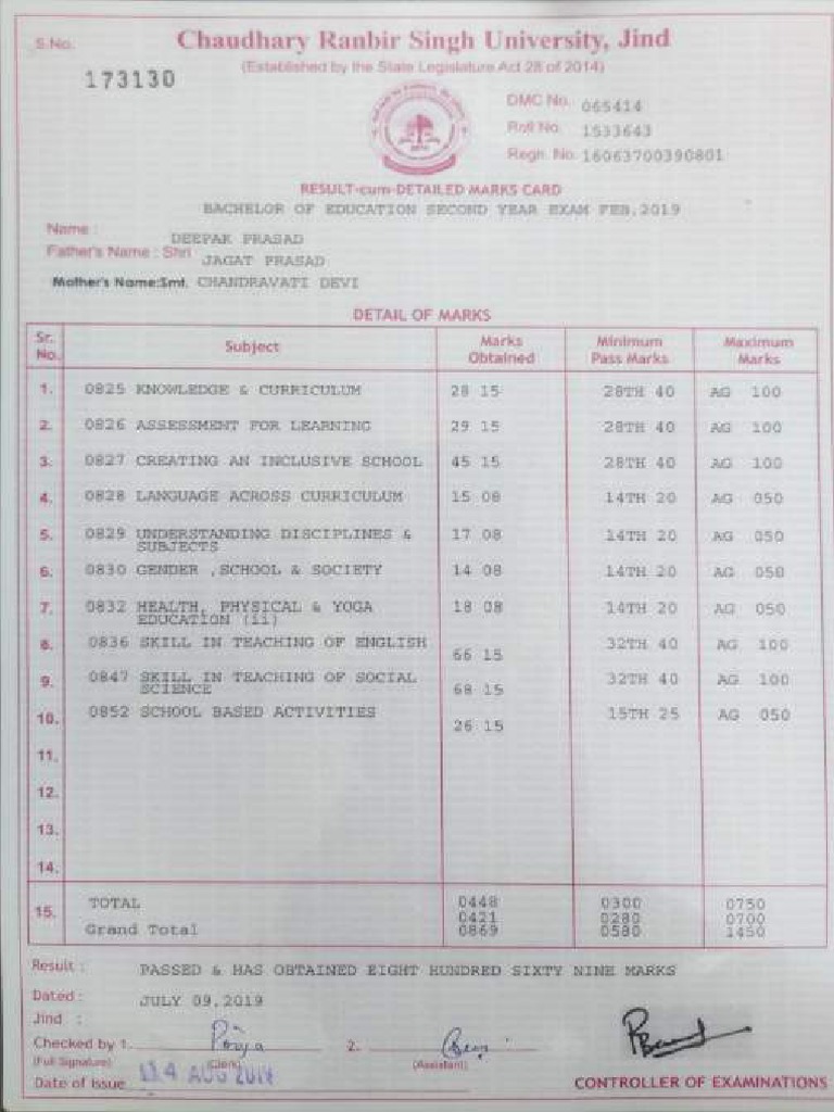 Bed marksheet _compressed | PDF