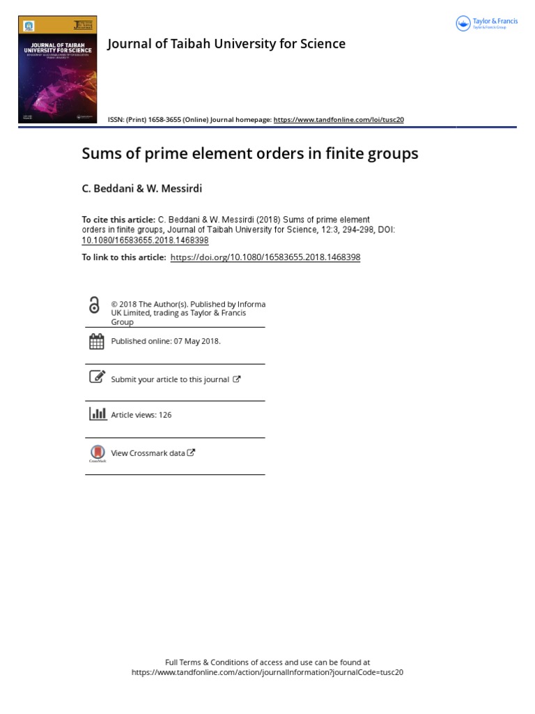 Beddani Sums of Prime Element Orders in Finite Groups | PDF | Group (Mathematics) | Prime Number