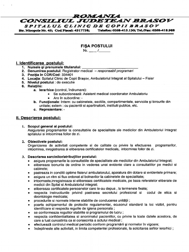 Fisa Post Registrator Medical - Fisier - Ambulator Integrat | PDF