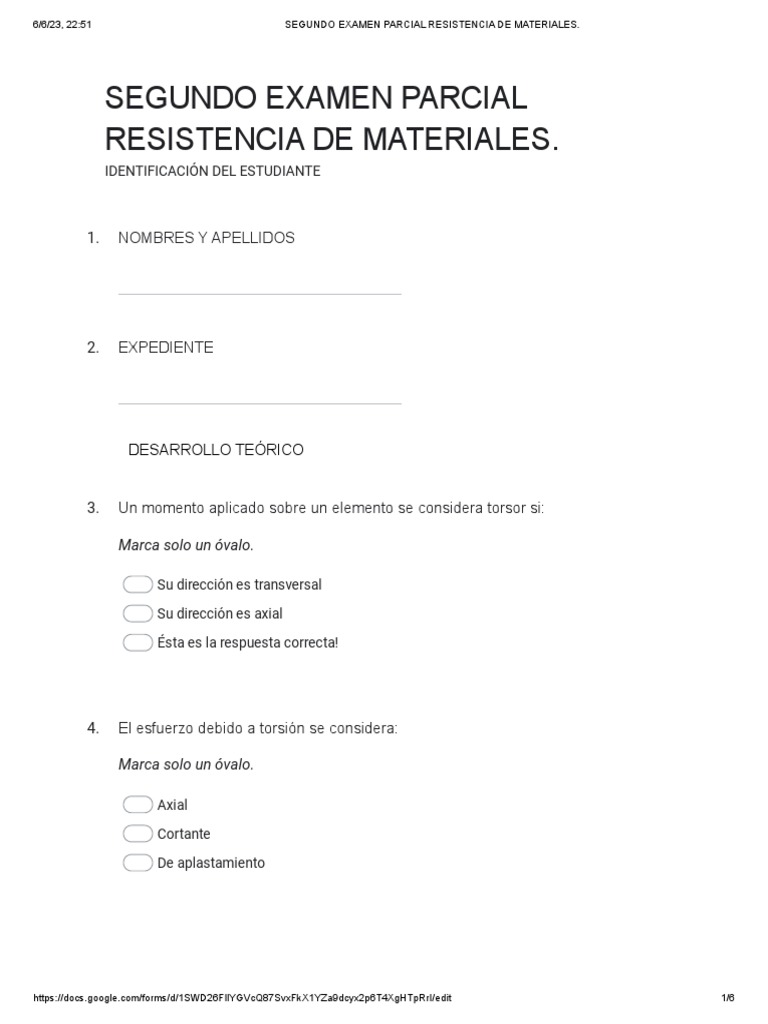 Segundo Examen Parcial Resistencia de Materiales. | PDF | Resistencia de materiales | Mecánica