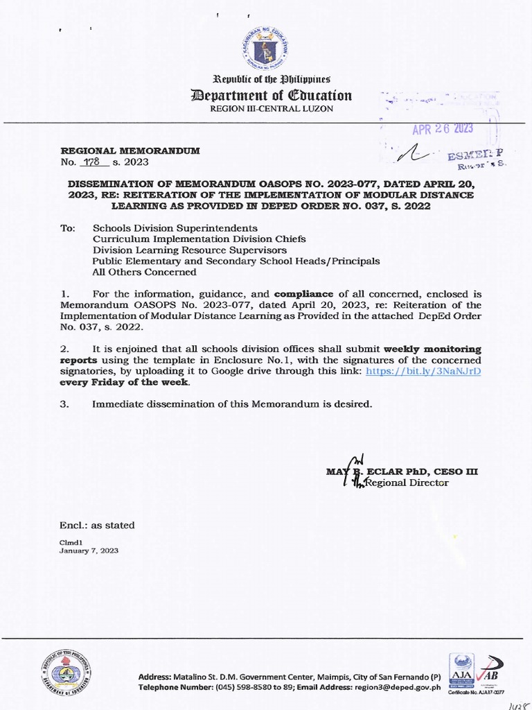 RM No. 178, s.2023 - Dissemination of Memorandum Oasops No. 2023-077 ...