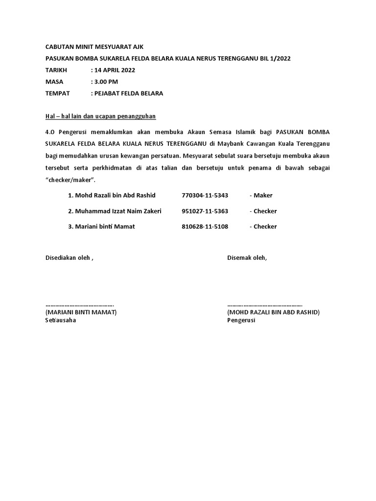 CABUTAN MINIT MESYUARAT AJK - bomba maker checker | PDF