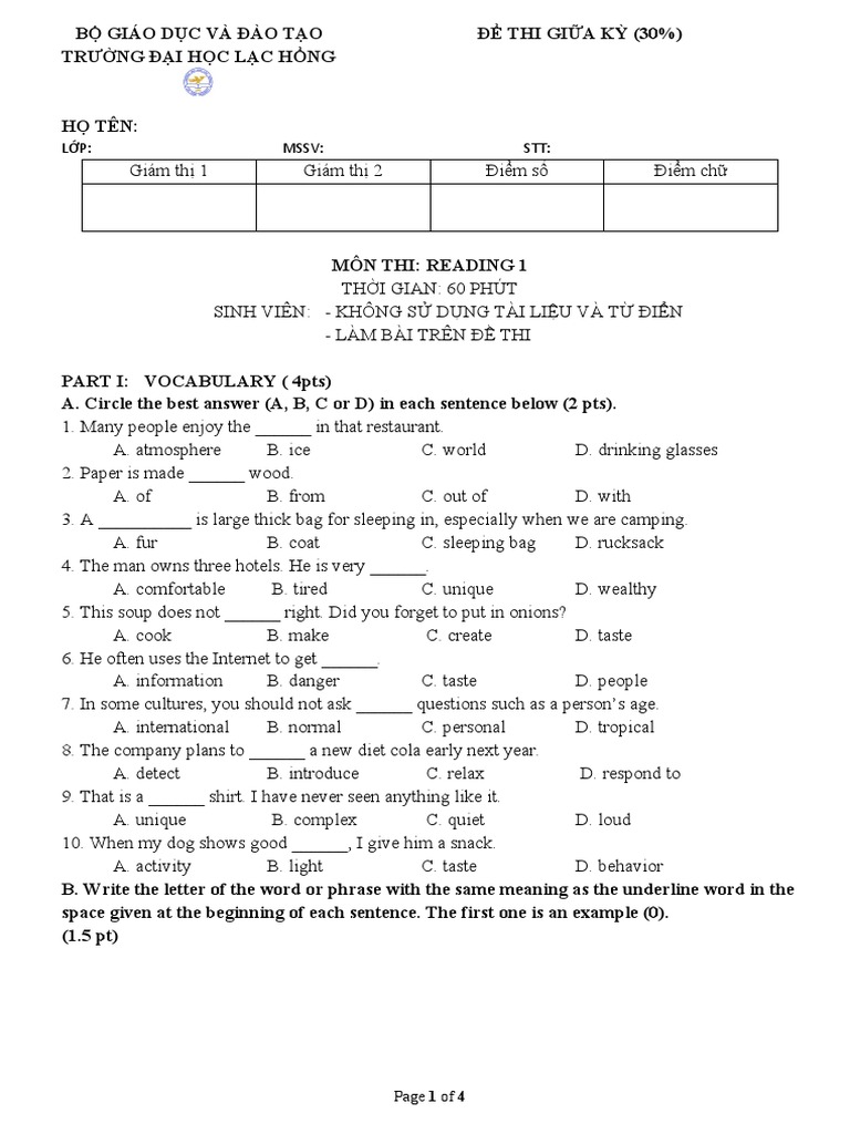 DE THI READING 1 VB1 Mid Term | PDF