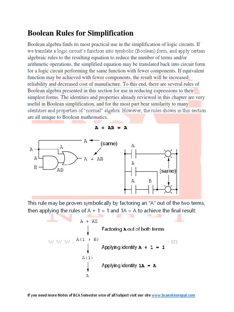Boolean Rules For Simplification Pdf Boolean Algebra Teaching 5145
