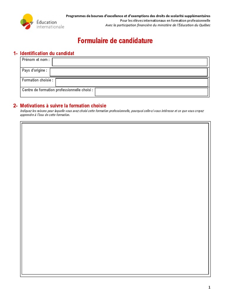 Formulaire de candidature bourse Québec | PDF