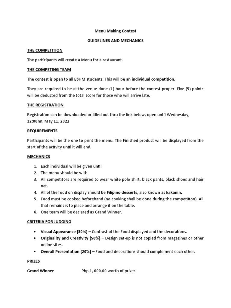 BSHM Menu Making Contest Guidelines | PDF