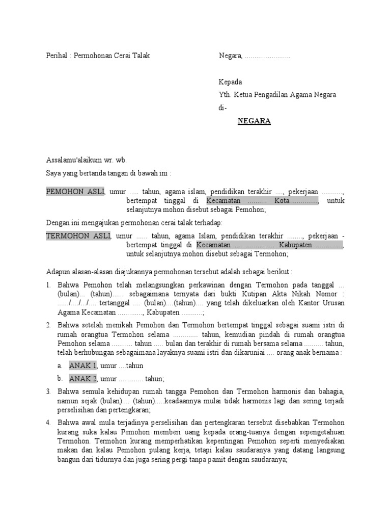 11.contoh Permohonan Cerai Talak | PDF