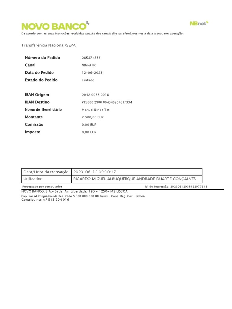 Comprovativo de Transferência Novo Banco | PDF