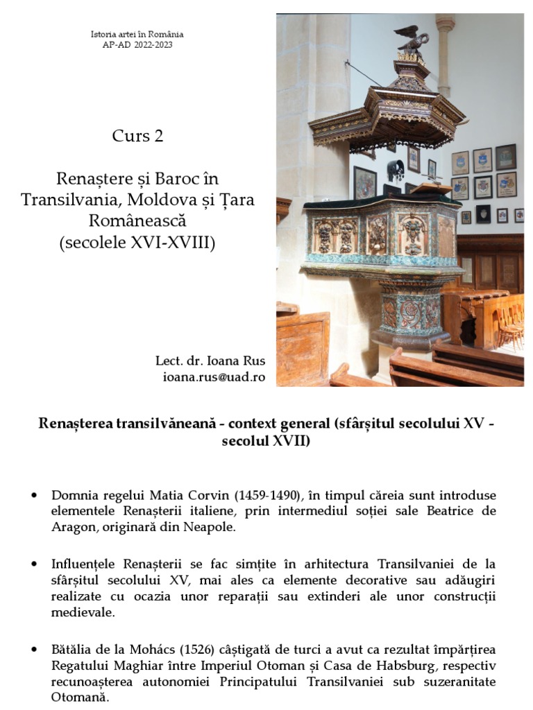 Curs 2 - Renastere Si Baroc in Transilvania - Moldova - Tara Romaneasca | PDF