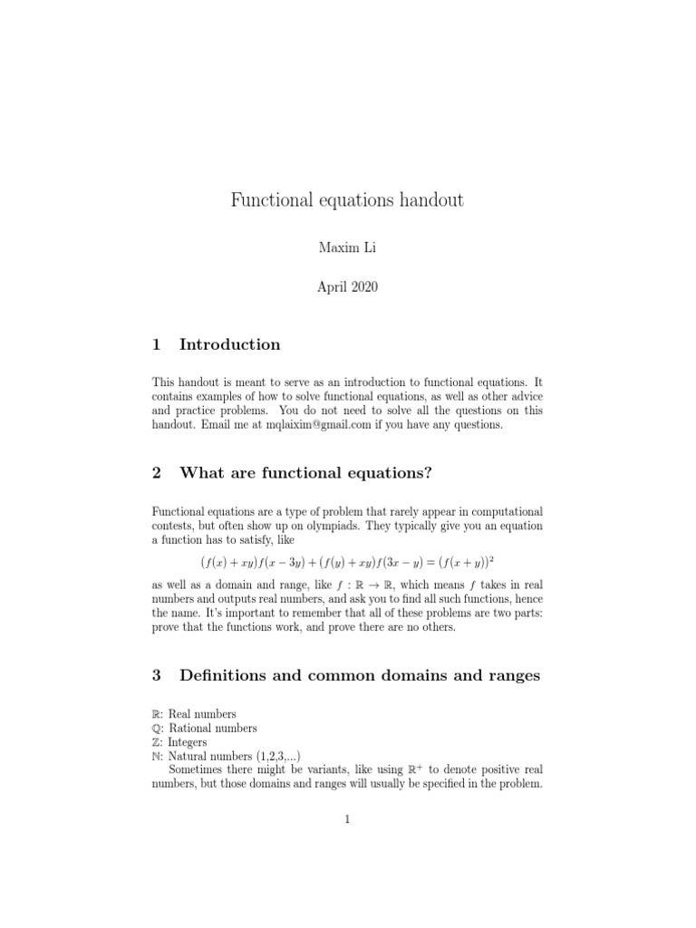 Functional Equations Handout | PDF | Function (Mathematics) | Equations