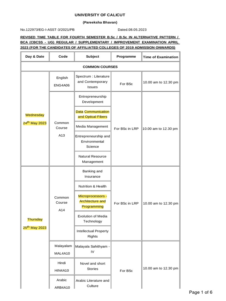 Calicut Univ. B.Sc Exam Schedule | PDF
