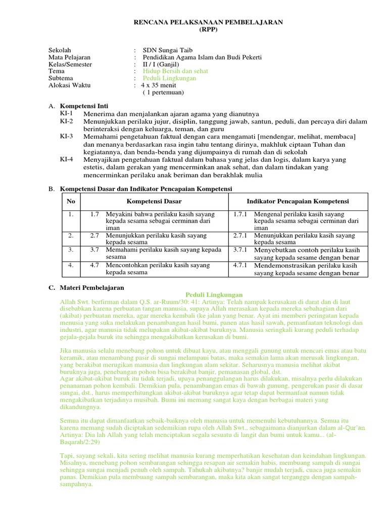 RPP PAIBP Kelas 2 Peduli-Lingkungan | PDF