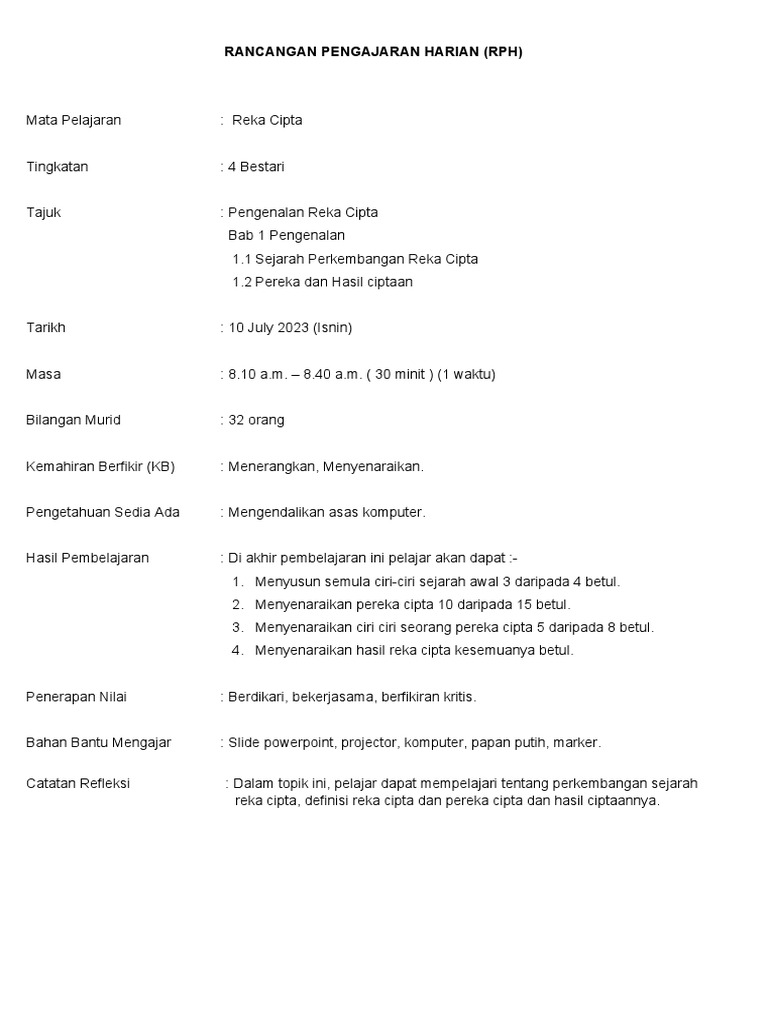 Rancangan - Pengajaran - Harian - RPH 2 | PDF
