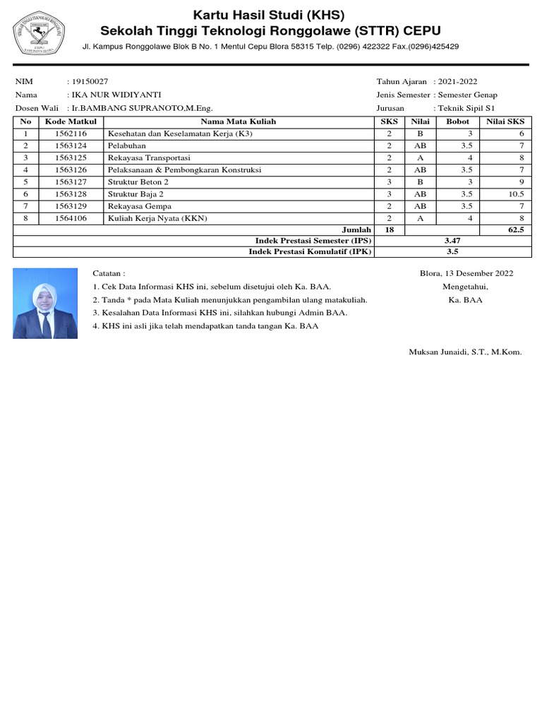 No Kode Matkul Nama Mata Kuliah SKS Nilai Bobot Nilai SKS | PDF