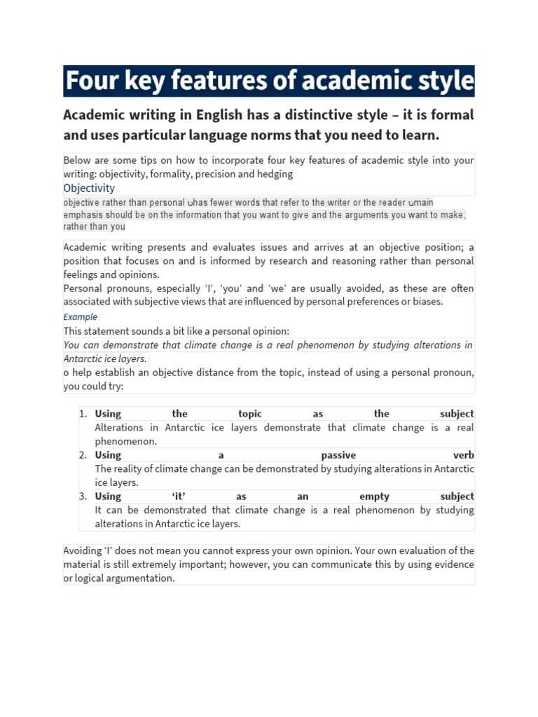 Key Features of Academic Writing | PDF | Essays | Narration