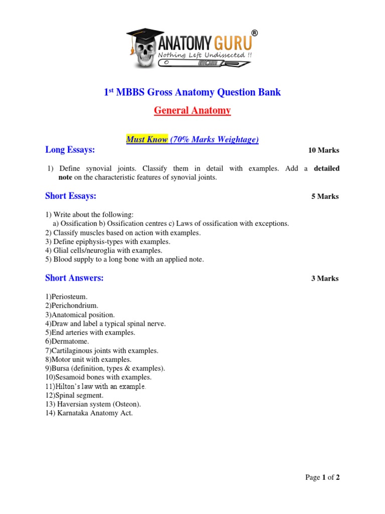 Gen Anatomy - Q Bank - 1st MBBS - Gross Anatomy | PDF