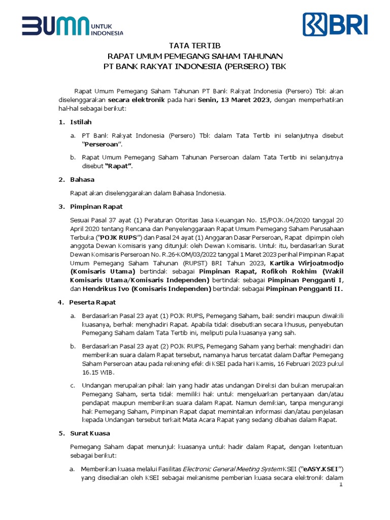 Tata Tertib RUPS Tahunan BRI 2023 | PDF
