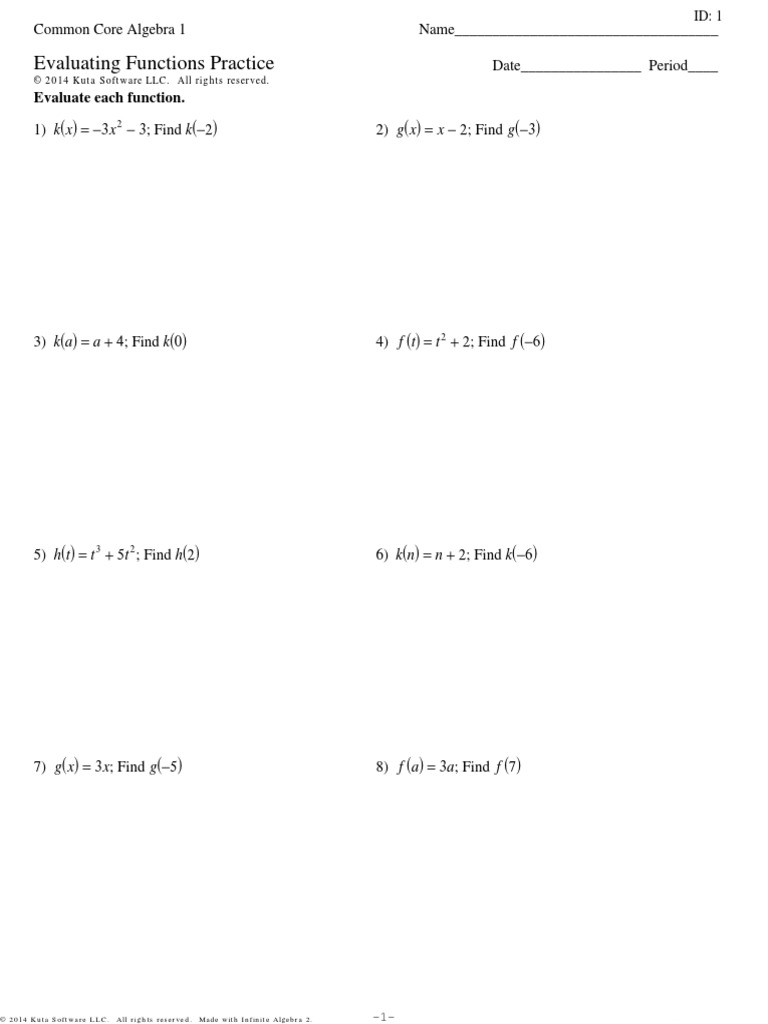 Common Core Algebra 1 - Evaluating Functions Practice | PDF