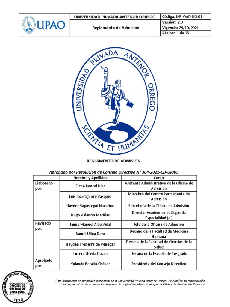 Universidad Privada Antenor Orrego Reglamento de Admisión | PDF | Educación más alta | Titulo ...