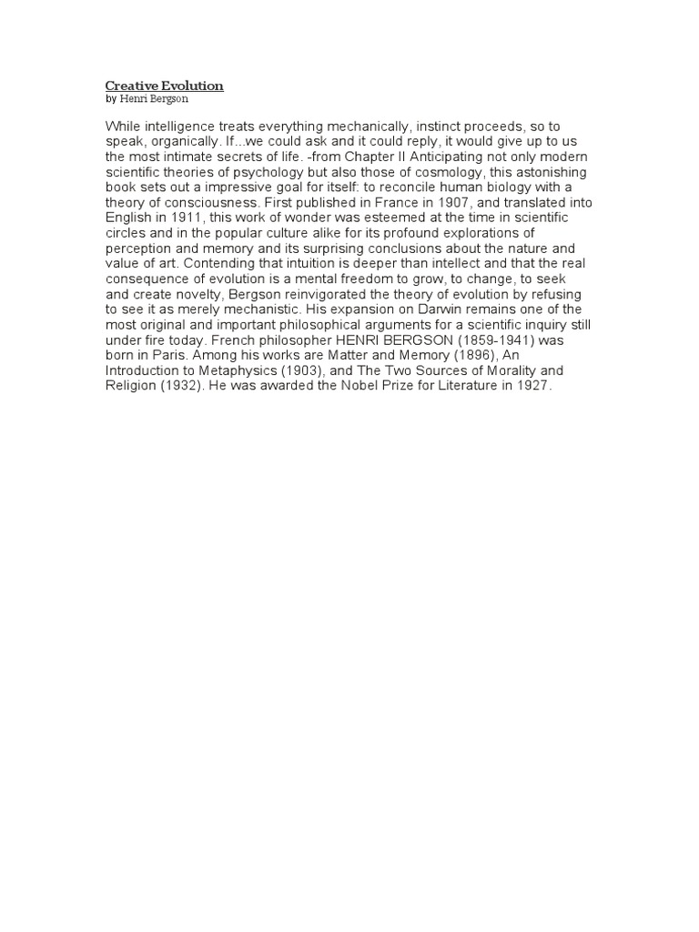 Creative Evolution: Bergson's Philosophical Insights | PDF