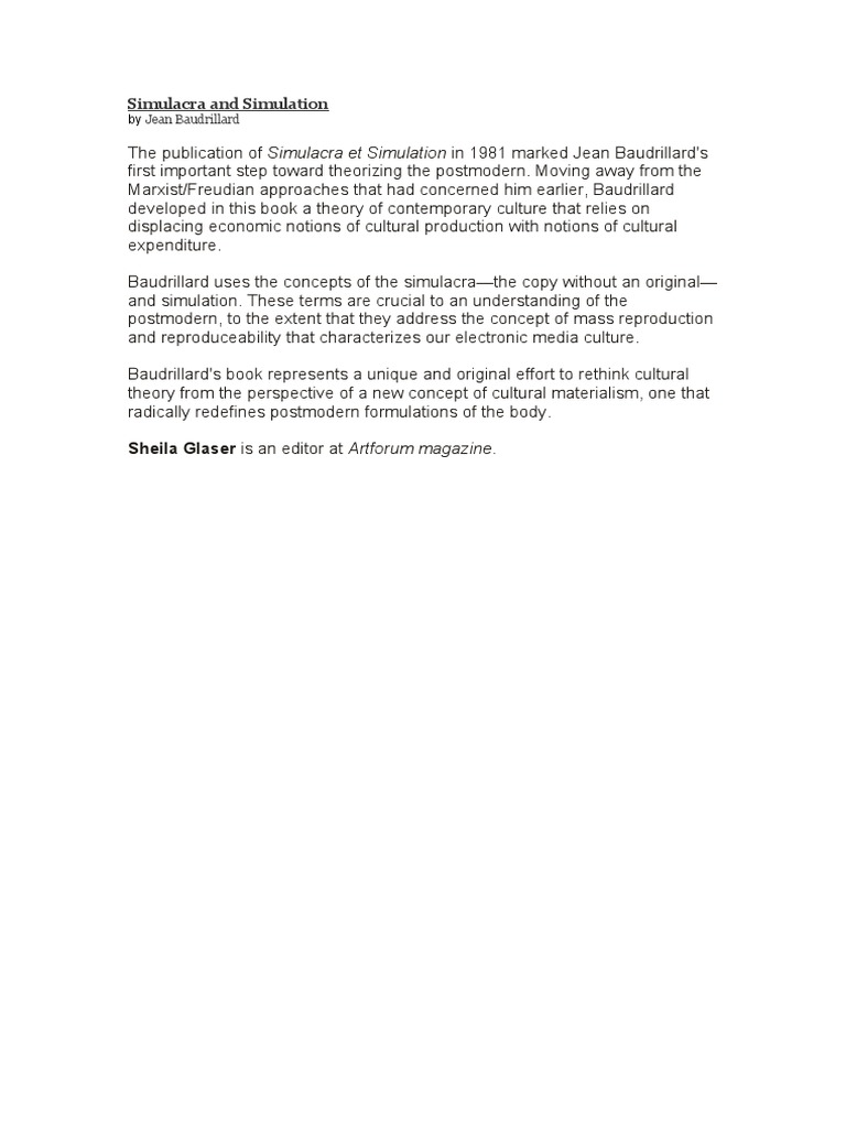 Simulacra and Simulation by Jean Baudrillard | PDF