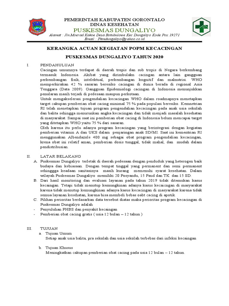 Program Kecacingan Puskesmas Dungaliyo 2020 | PDF