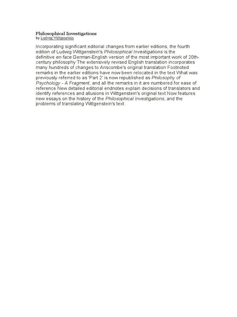 Philosophical Investigation By Ludwig Wittgenstein Pdf