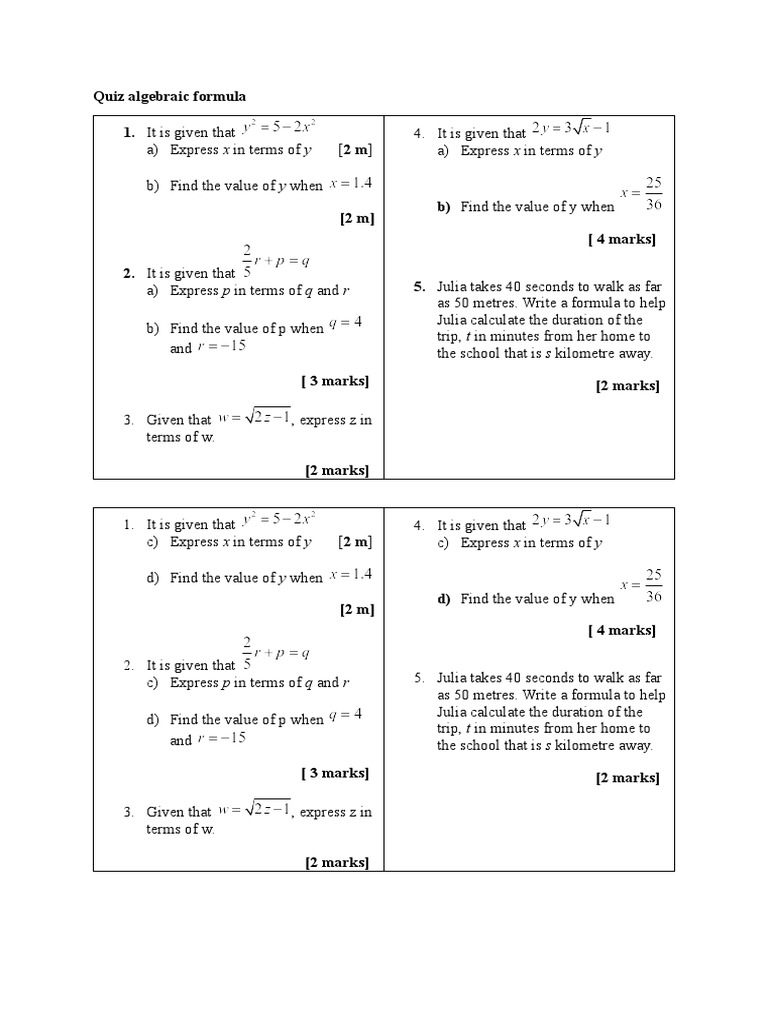 Quiz algebraic formula | PDF