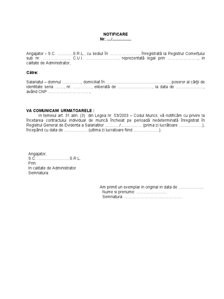 01.notificare - Incetare CIM | PDF